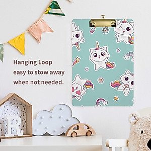 Plastic Clipboard Cute Unicorn Cat Caticorn A4 Letter Size 12.5 x 9 Inch with Metal Low Profile Clip for Office Classroom Students Coaches （Gold Clip）