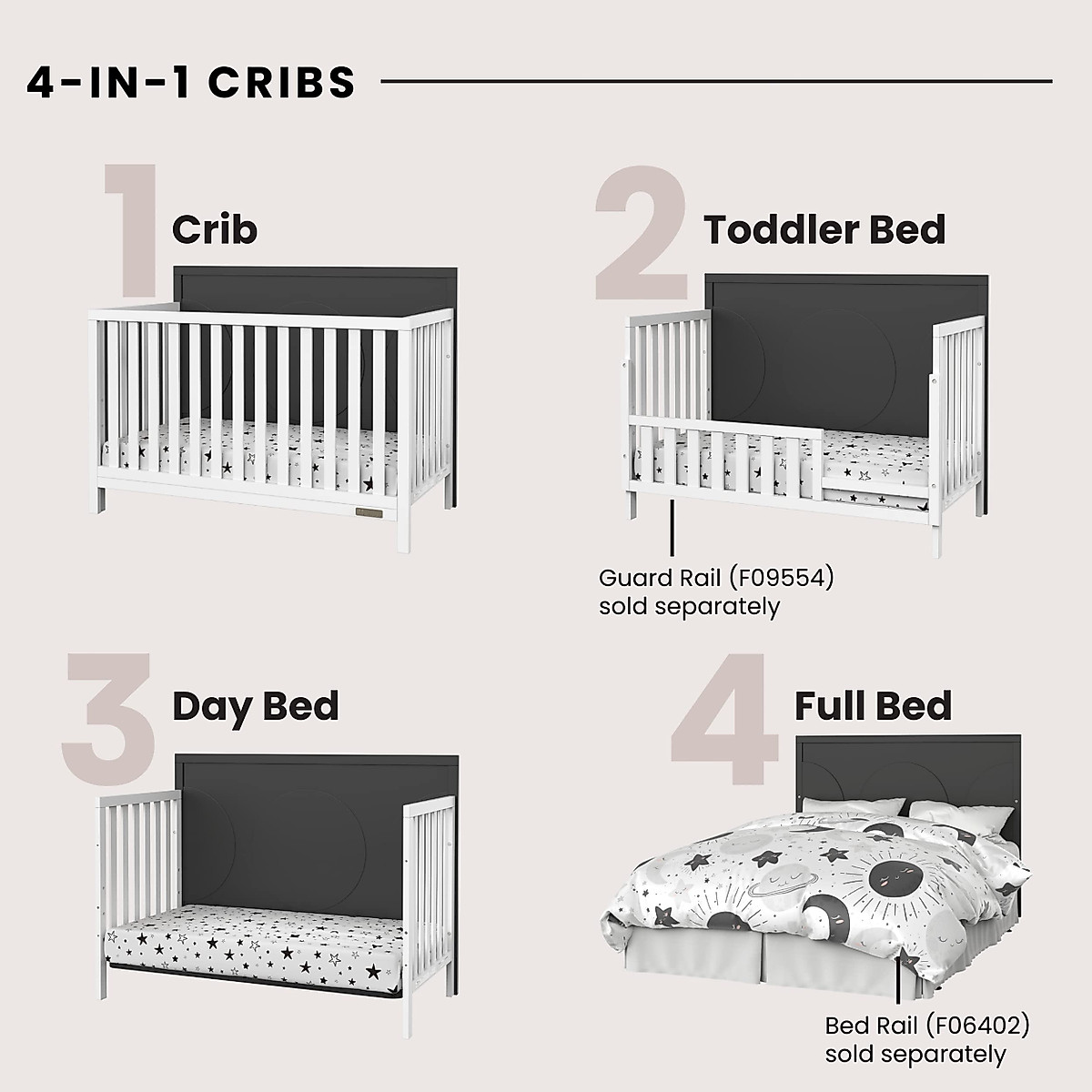 Child Craft Orbit 4-in-1 Convertible Crib, Baby Crib Converts to Day Bed, Toddler Bed and Full Size Bed, 3 Adjustable Mattress Positions, Non-Toxic, Baby Safe Finish (Ebony/Matte White)