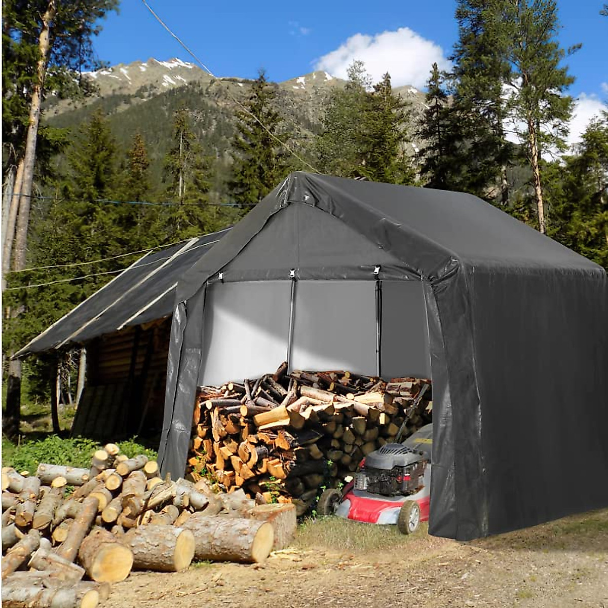 TNINE 10' x 10' Heavy Duty Steel Metal Frame Peak Roof Outdoor Anti-Snow Storage Shed with Waterproof Cover for Snowmobile Garden, Grey