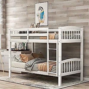 CJLMN Twin Over Twin Bunk Beds, Convertible Into Two Individual Solid Wood Beds, Children Twin Sleeping Bedroom Furniture Ladder and Safety Rail for Kids Boys & Girl, Easy Assembly (White)