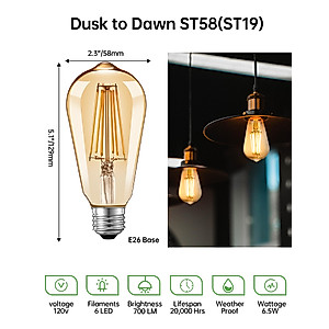 Qualilux Dusk to Dawn Edison Light Bulbs ST58(ST19), Vintage Amber Glass, Warm Light, 6.5W=60W, Non-Dimmable Auto On/Off Light Sensing LED Filament Bulb Outdoor, 700LM, E26, 2-Pack, HQ-H027