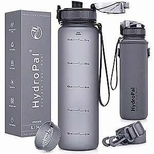 Unistar Water Bottle with Time Marker -Large 34 oz Tritan Bottle & No Sweat Sleeve -Leak Proof Gym Sports Bottle with Fruit Infuser Strainer & Carrying Strap - Gift Package for Christmas