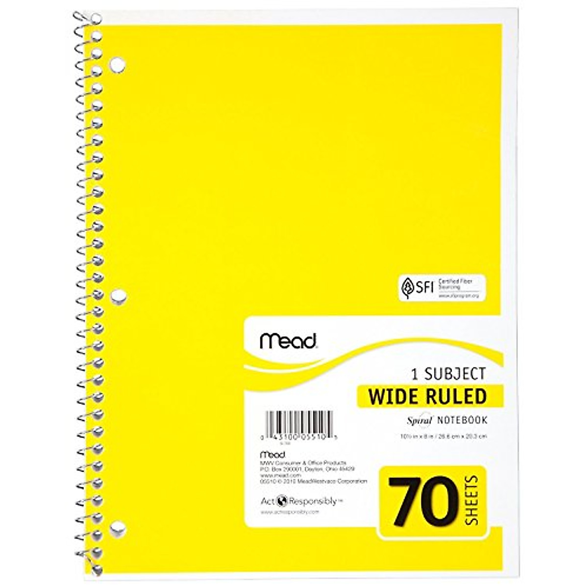 Mead Spiral Notebook, 1 Subject, 70 Wide Ruled Sheets, Assorted Colors, 12 Pack