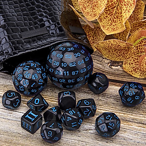 AUSTOR 15 Pieces Complete Polyhedral Dice Set D3-D100 Game Dice Set with a Leather Drawstring Storage Bag for Role Playing Table Games(Black & Blue)
