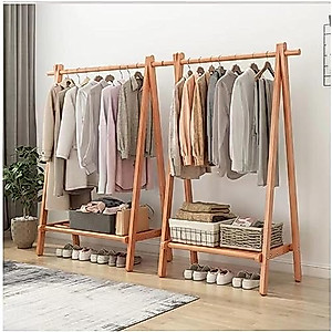 HM&DX Bamboo Folding Clothing Rack,Freestanding Clothes Rack with 2-Tier Storage Shelves,with Anti-tipping Devices Garment RackHeavy Duty Triangular Frame,for Entryway Bedroom laundry drying rack