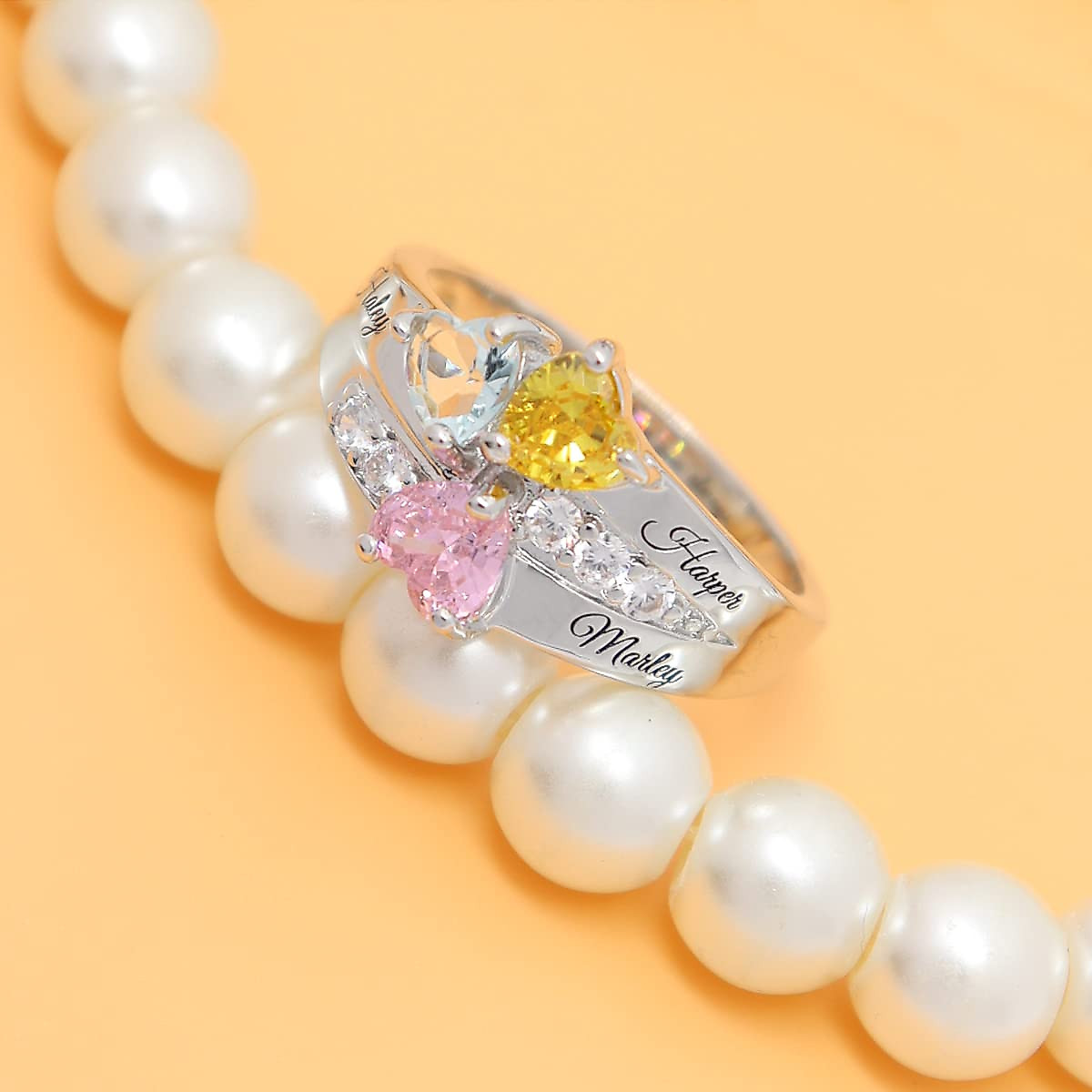 Tribitneer Personalized Mothers Rings with 3 Simulated Birthstones Custom Name Promise Rings for Women Family Name Rings for Mom Grandmother