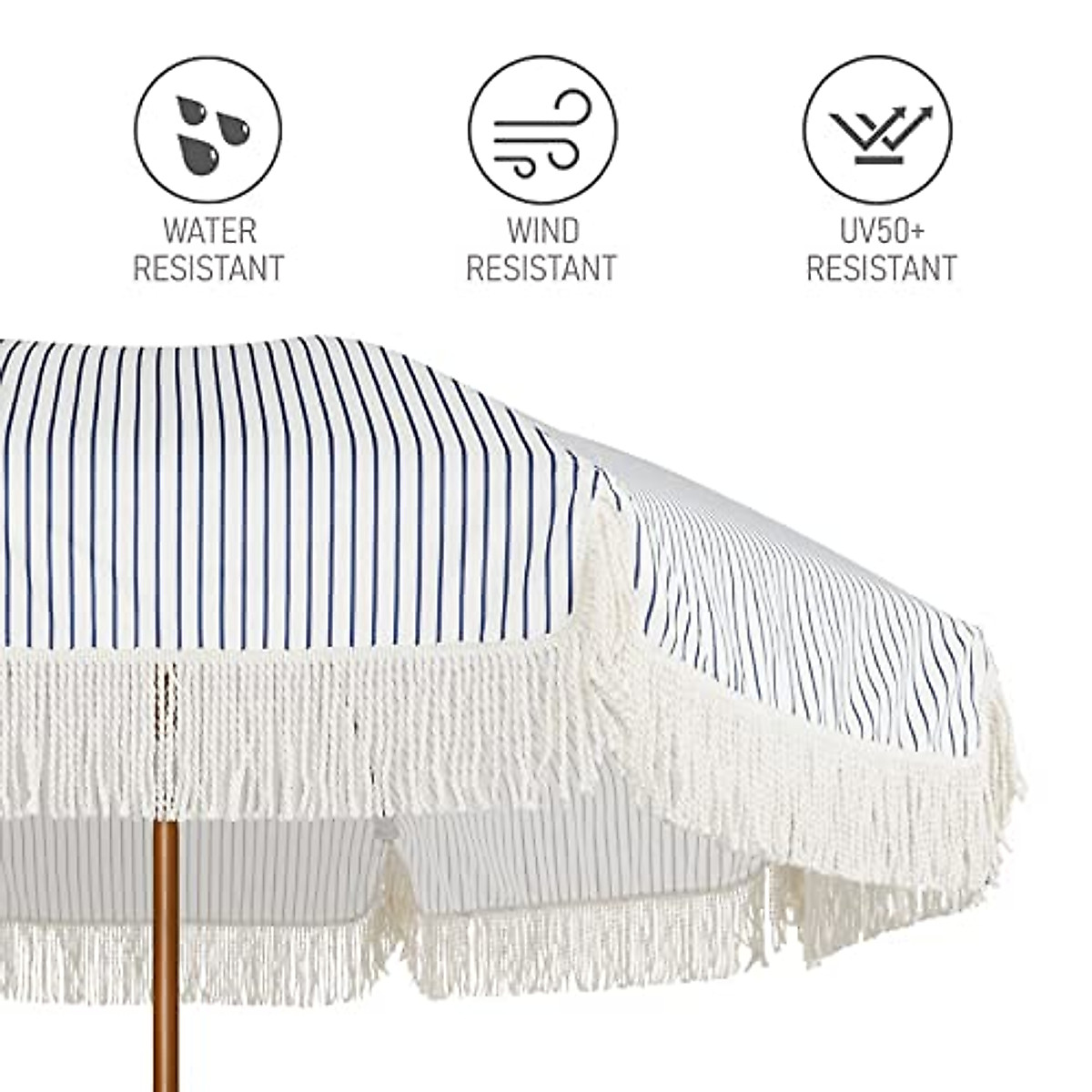 AMMSUN 7ft Patio Umbrella with Fringe Outdoor Tassel Umbrella UPF50+ Premium Steel Pole and Ribs Push Button Tilt,Navy Blue Stripes