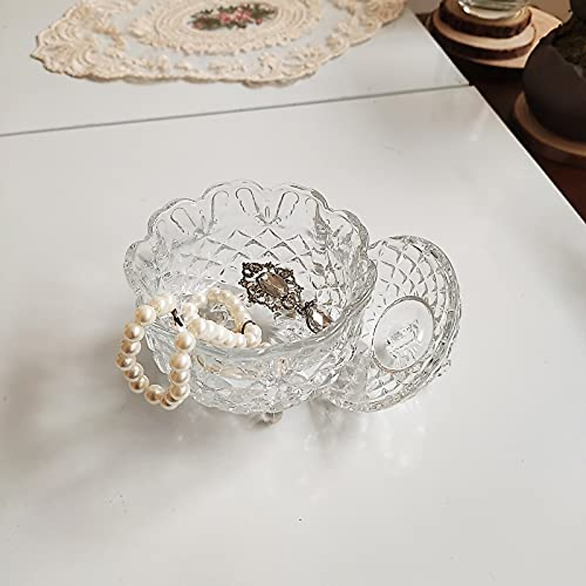 Crystal Candy Dish Small Glass Jar Set with lid Sugar Bowl Cookie Jar Jewelry Dish Container for Home Kitchen Office Bathroom 3 Pcs