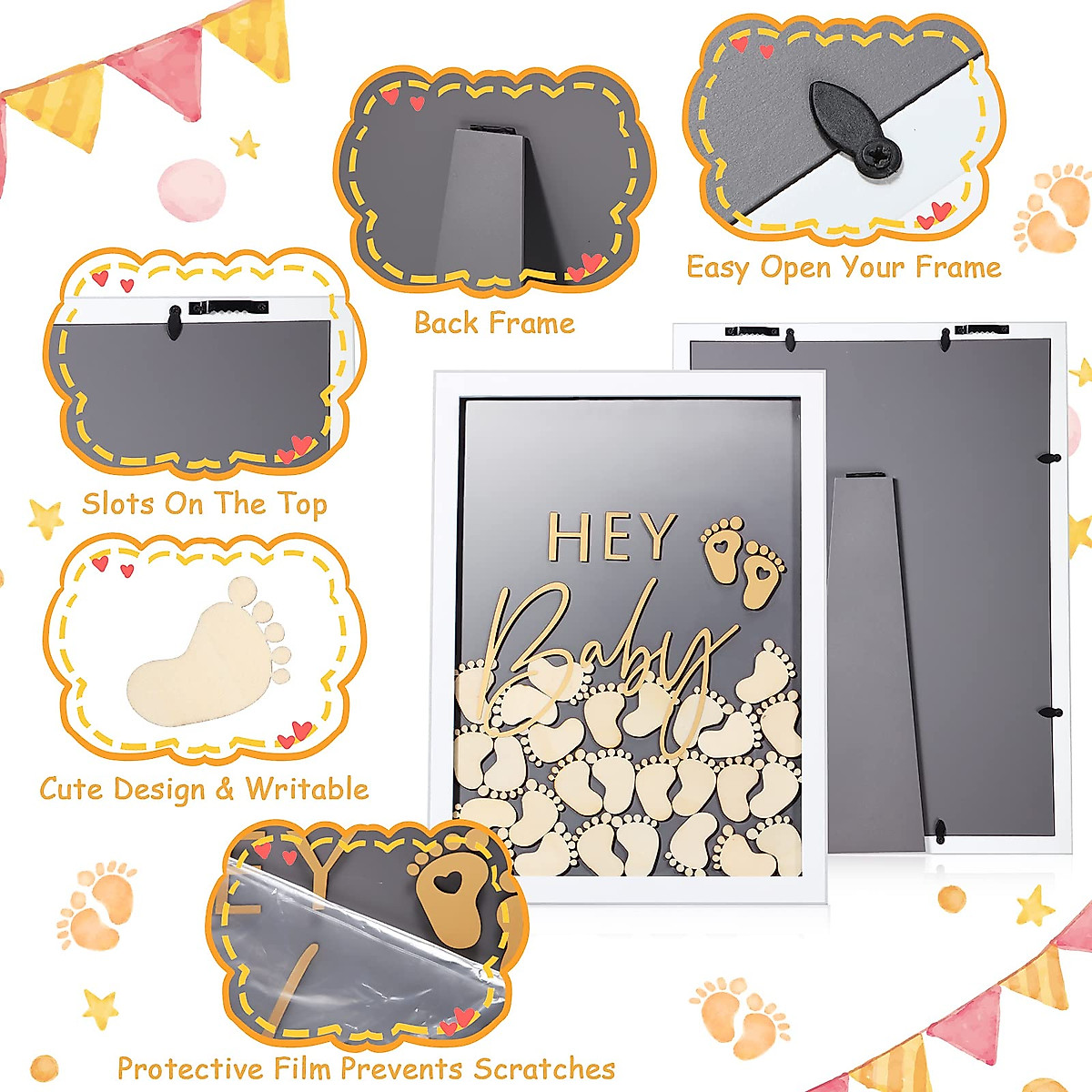 Unittype 71 Pcs Large Size Baby Shower Guest Book Alternative Baby Shower Sign in Guestbook Photo Frame with 70pcs Wood Chips Signature Keepsake for Baby Shower Favor Birthday Party(Grey, Footprint)