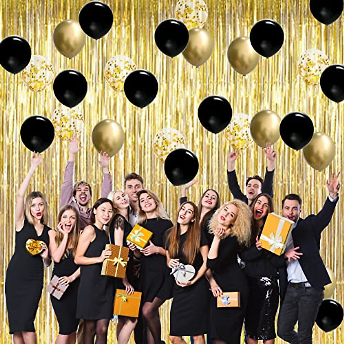 Black and Gold Party Decorations Kit, Gold Foil Fringe Curtain Backdrop, Black and Gold Balloons Set, Graduation Party Decorations 2023, Black and Gold Birthday Party Supplies