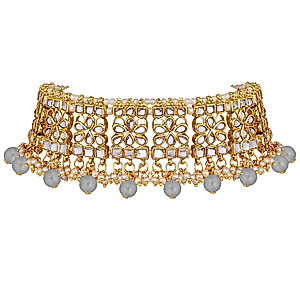 Aheli Elegant Indian Faux Kundan Studded Choker Necklace with Maang Tikka Set Ethnic Wedding Wear Fashion Jewelry for Women Grey