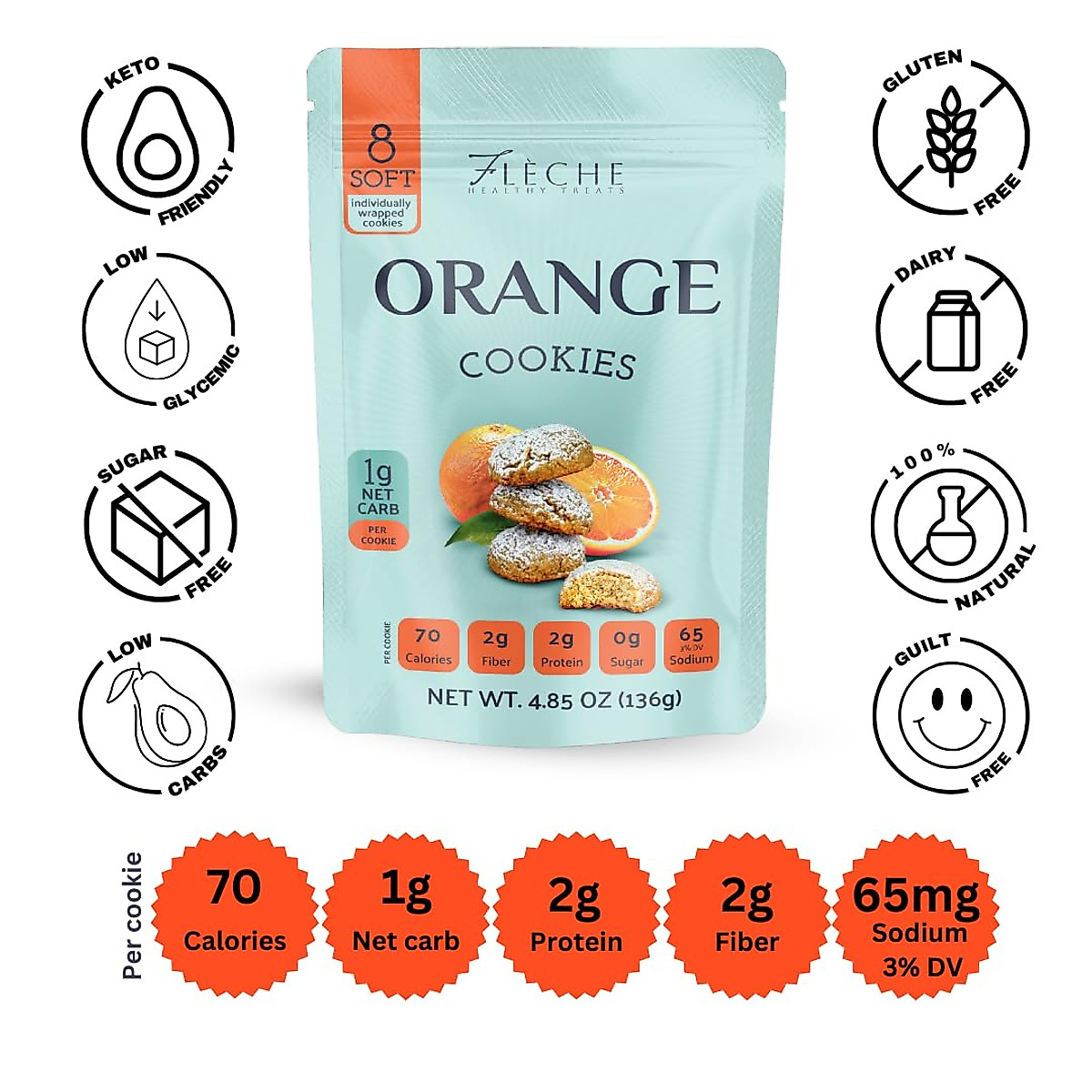 Orange Cookies, Sugar Free, Gluten Free, Dairy Free, Low Fat, Keto, Flèche Healthy Treats, 4.85Oz (Pack of 1)