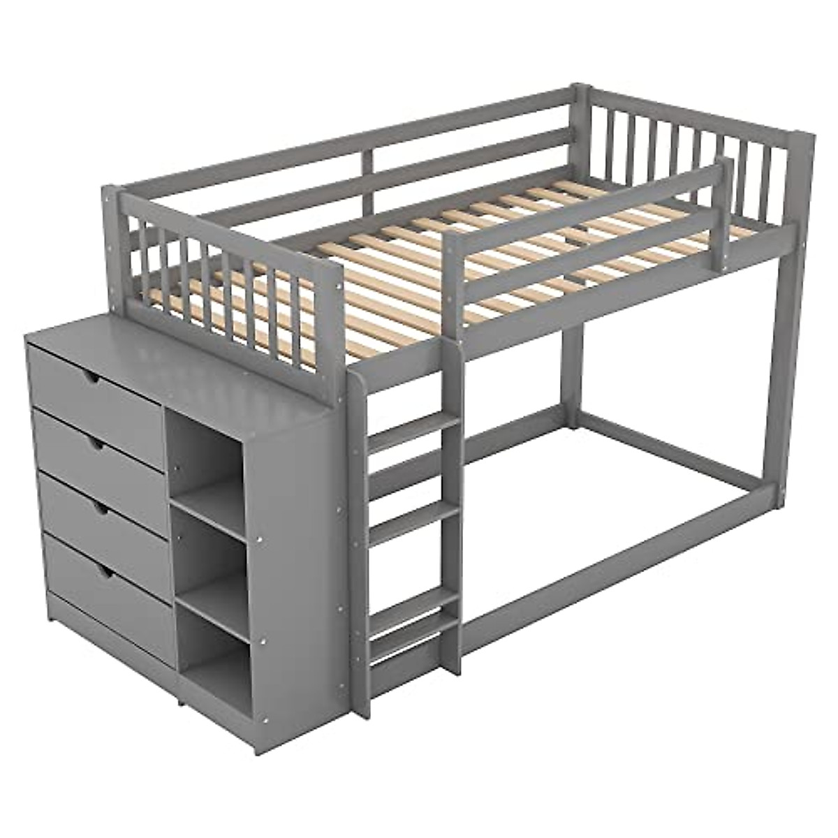 P PURLOVE Twin Over Twin Bunk Bed with Attached Cabinet and Shelves Storage, Wooden Bunk Bed Frame with Ladder and Guardrail, for Teens Girls Boys, Gray