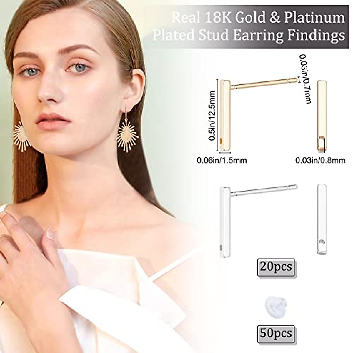 Beebeecraft 40Pcs 2 Colors Stud Earring with Loop 18K Gold & Platinum Plated Rectangle Earring Posts with Ear Nut for DIY Earrings Jewelry Making