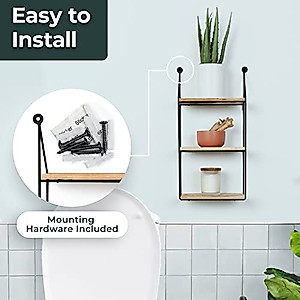 Greenco Geometric 3 Tier Mounted Floating Shelves, Home Decor, Metal Wire and Rustic Wood Wall Storage Shelves for Bedroom, Living Room, Bathroom, Kitchen, Office, Natural Finish