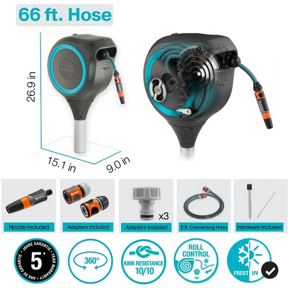 Gardena 18614-20 66 Foot Auto Retractable Hose Reel on Metal Spike, Feet, Standard, Turquoise