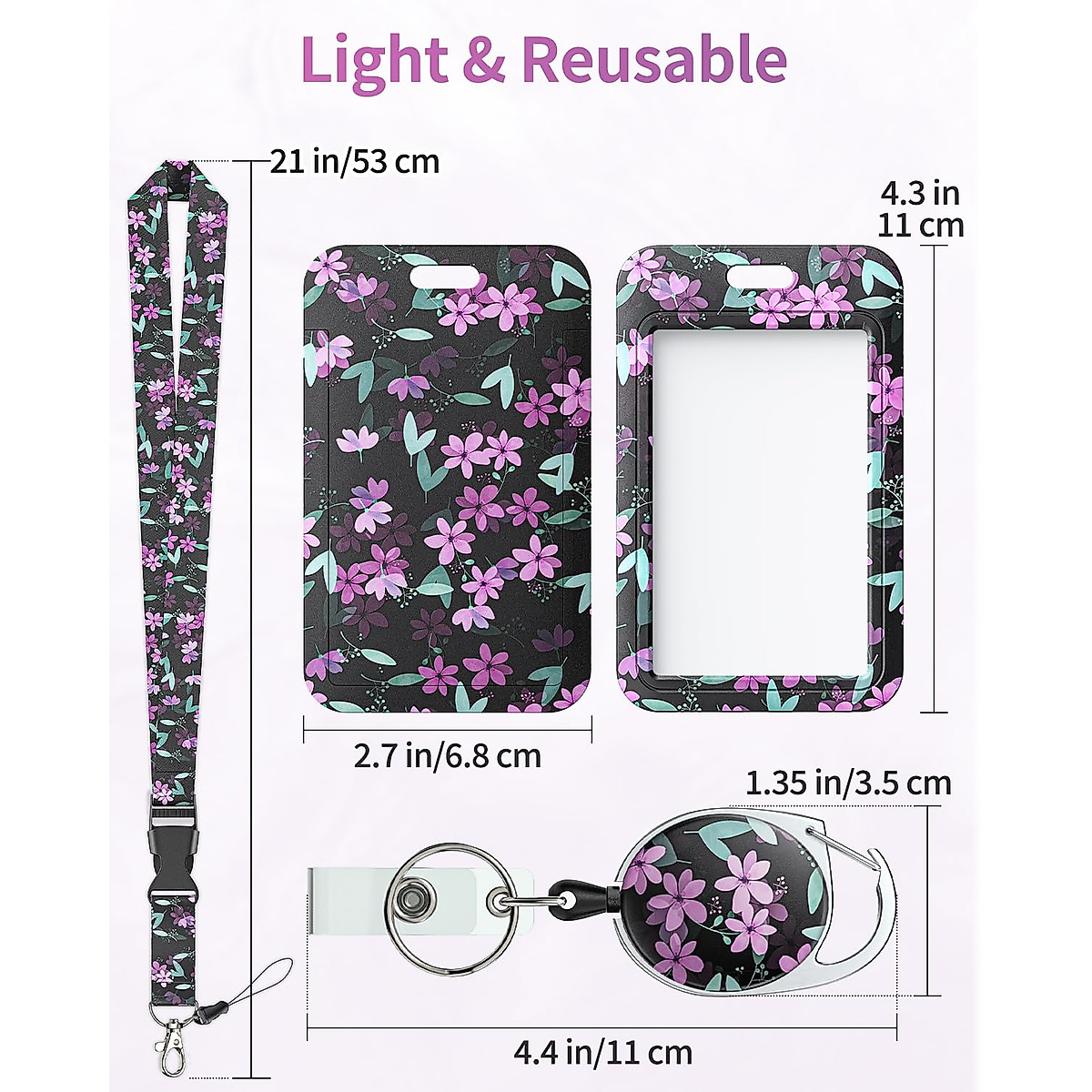 Uniclife Floral Sliding Badge Holder Purple Flower Plastic Case with Retractable Badge Reel Carabiner Clip & Detachable Lanyard Strap Fashionable Vertical Card Protector for Women Teacher Student