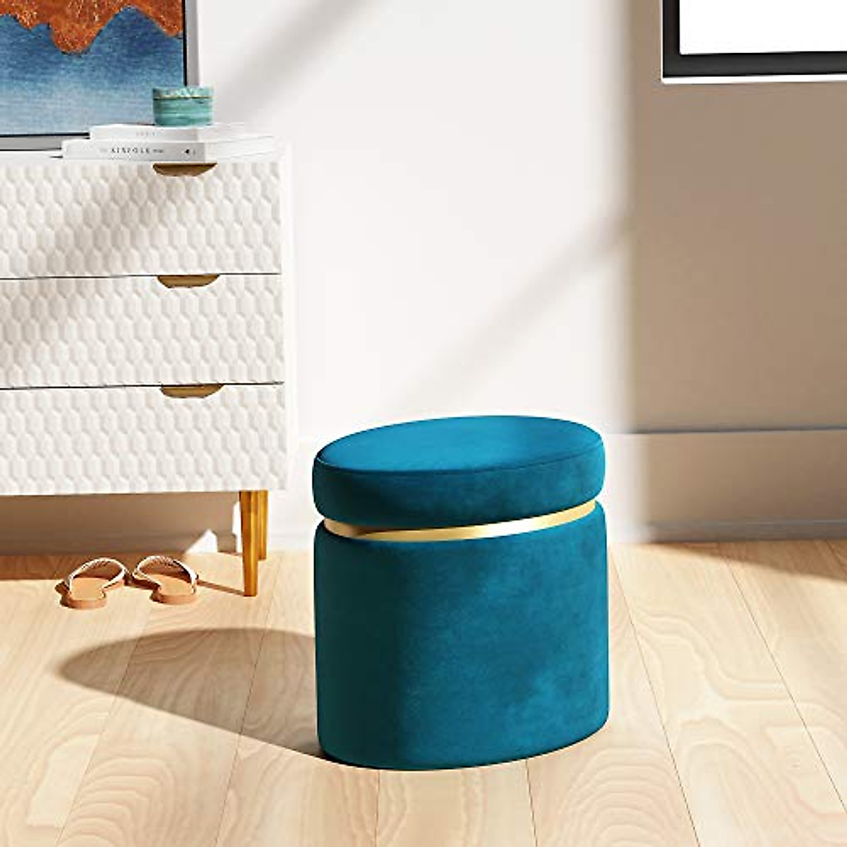 Amazon Brand – Rivet Asher Oval Upholstered Storage Ottoman, 18"W, Teal Velvet