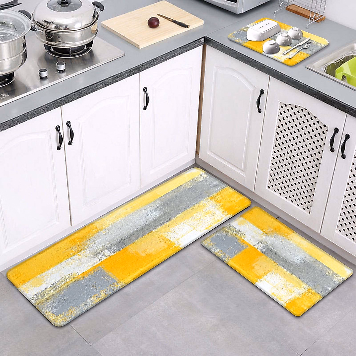 Lnond Kitchen Mat Set of 3 with Dish Drying Mat, Yellow Washable Cushioned Kitchen Rugs and Mats, Rubber Non Skid Kitchen Mats for Floor for Kitchen Laundry Room Front of Sink