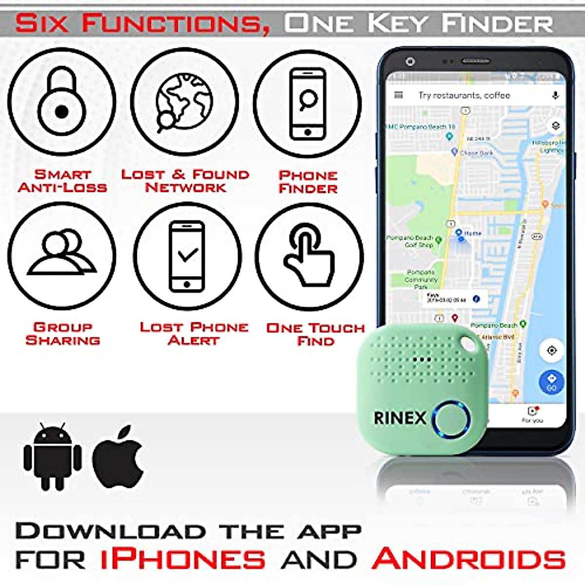 Bluetooth Key Finder – Key Locator Device with App, Siri Compatibility, Extra Battery – Anti-Lost GPS Keychain Tracker Device for Phone, Luggage, Backpack, Wallet – Tracking Chip Tags by Rinex
