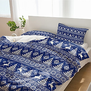 3 Pieces Twin Bedding Duvet Covers Set Winter Geometric Xmas Tree Reindeer Soft Quilt Cover and Pillow Shams, Comforter Cover Sets with Zipper Closure for Bedroom Decor Christmas Ethnic Red Blue