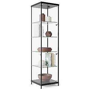 Displays2go Glass Showcase Towers, Tempered Glass Shelves, LED Lighting – Clear, Black (LESC5578BK)