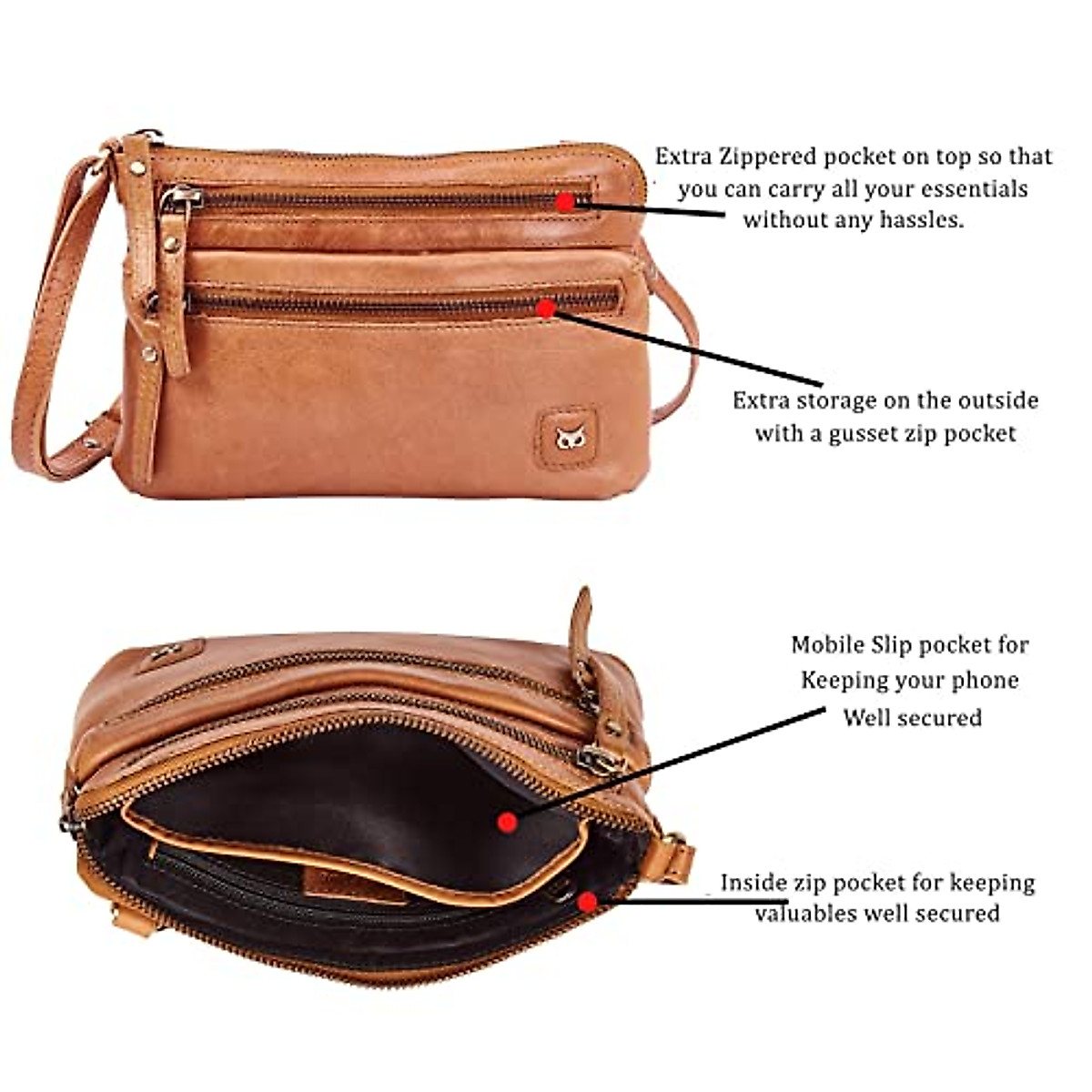 Wise Owl Accessories Small Triple Zip Real Leather Women's Crossbody- Premium Vintage Crossover Shoulder Sling Bag (Mustard Multi-Wax)