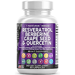Resveratrol 6000mg Berberine 3000mg Grape Seed Extract 3000mg Quercetin 4000mg Green Tea Extract - Polyphenol Supplement for Women and Men with N-Acetyl Cysteine, Acai Extract - Made in USA 60 Caps