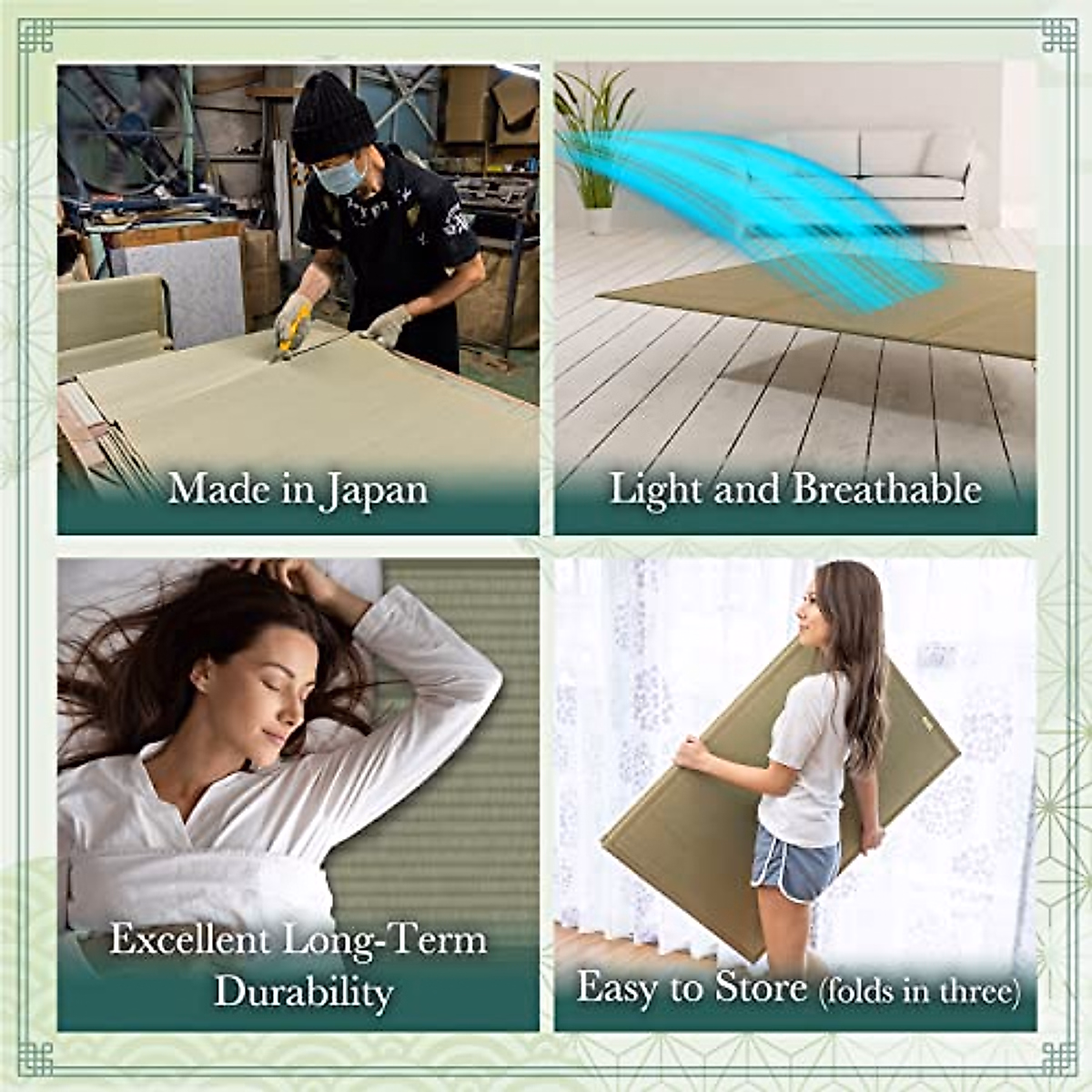 FULI Japanese Tatami Mattress, Igusa Mat (100% Japanese Rush Grass) Folds in Three, Made in Japan (Natural, Twin XL)
