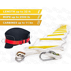 ISOP Fire Emergency Ladder 4 Story Homes 32ft - Fire Safety Ladders with Hooks and Safety Belt - Emergency Escape Ladder 4th Story House/Reusable, Weather Resistant & Portable