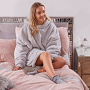 Sienna Wearable Sherpa Hoodie Blanket with Ultra Soft Fleece Lining Warm Cozy Oversized Sweatshirt Throw for Adults, One Size Fits All - Silver Grey