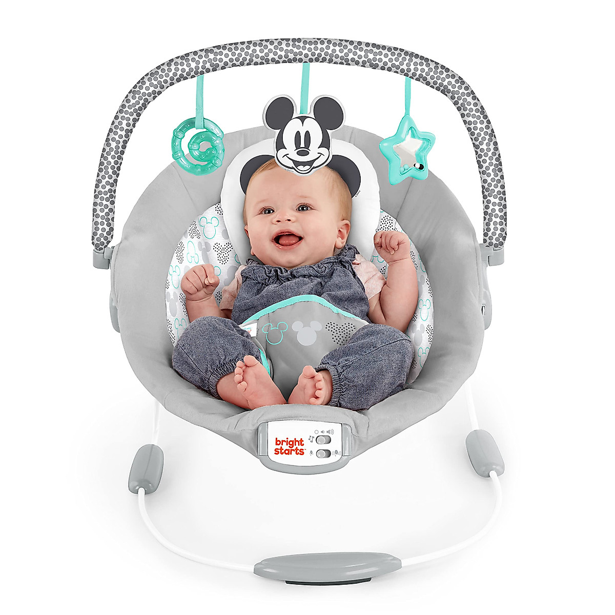 Bright Starts Mickey Mouse Comfy Disney Baby Bouncer in Cloudscapes Includes -Toy Bar with 3 Cute Toys, Plays 7 Soothing Melodies w/Auto Shut-Off, Age 0-6 Months