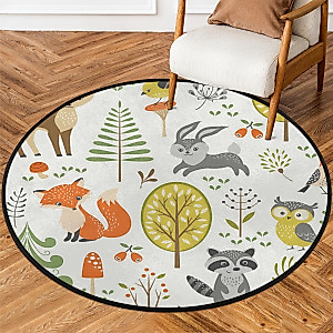 Woodland Animals Round Area Rug, Fox Elk Bear Mushroom Non-Slip Circle Rug for Bedroom Living Room Outdoor Study Playing Floor Mat Carpet, 3' Diameter