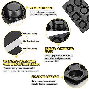 P&P CHEF 6-Cup Muffin Pan Tray Set of 2, Cupcake Pans, Nonstick Coated Stainless Steel Muffin Tin for Baking Mini Egg Cake Brownie Tart, Easy Release & Healthy, Standard Cup Size, Black