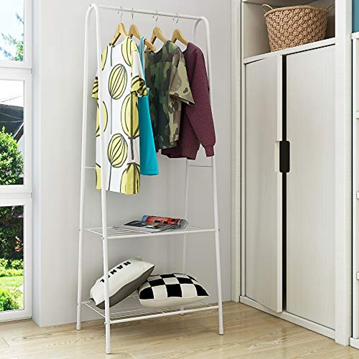 Home-Like 2-Tier Garment Rack, Metal Clothes Rack, Storage Clothing Rack with Single Hanging Rail and 2 Shelf for Bedroom Entryway Launary L23.7"xW13.19"x H62.99" White