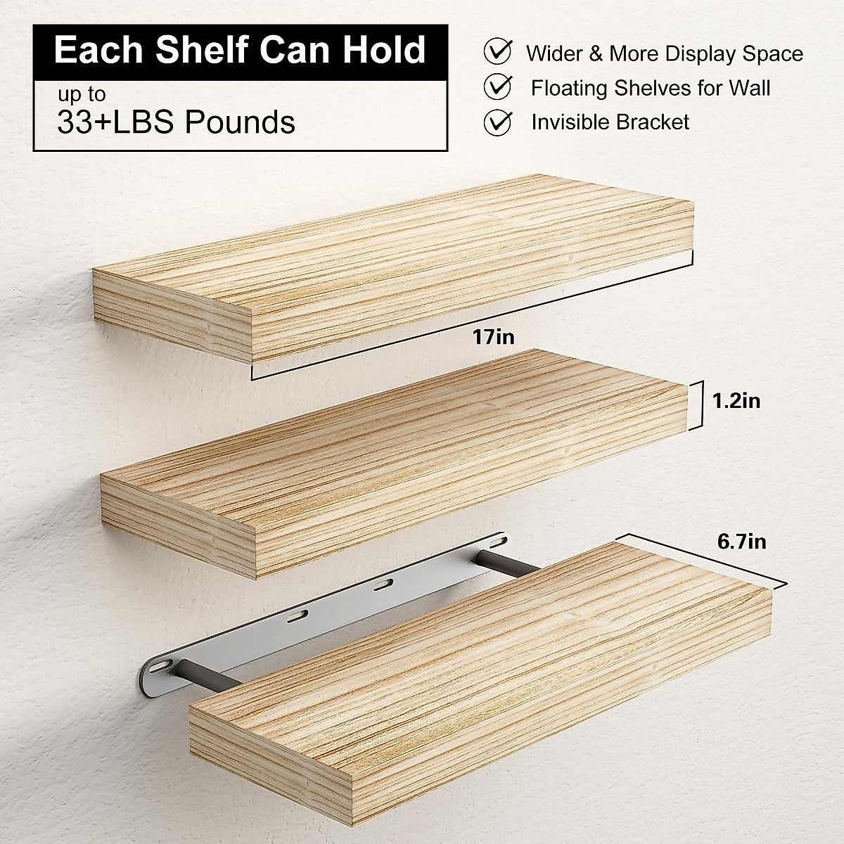 BOFIRE Wall Shelves, Floating Shelves for Wall, Wall Mounted Wood Shelves for Bedroom Laundry Living Room, Solid Wood Display Shelves Decor (Wood, 17 Inches)