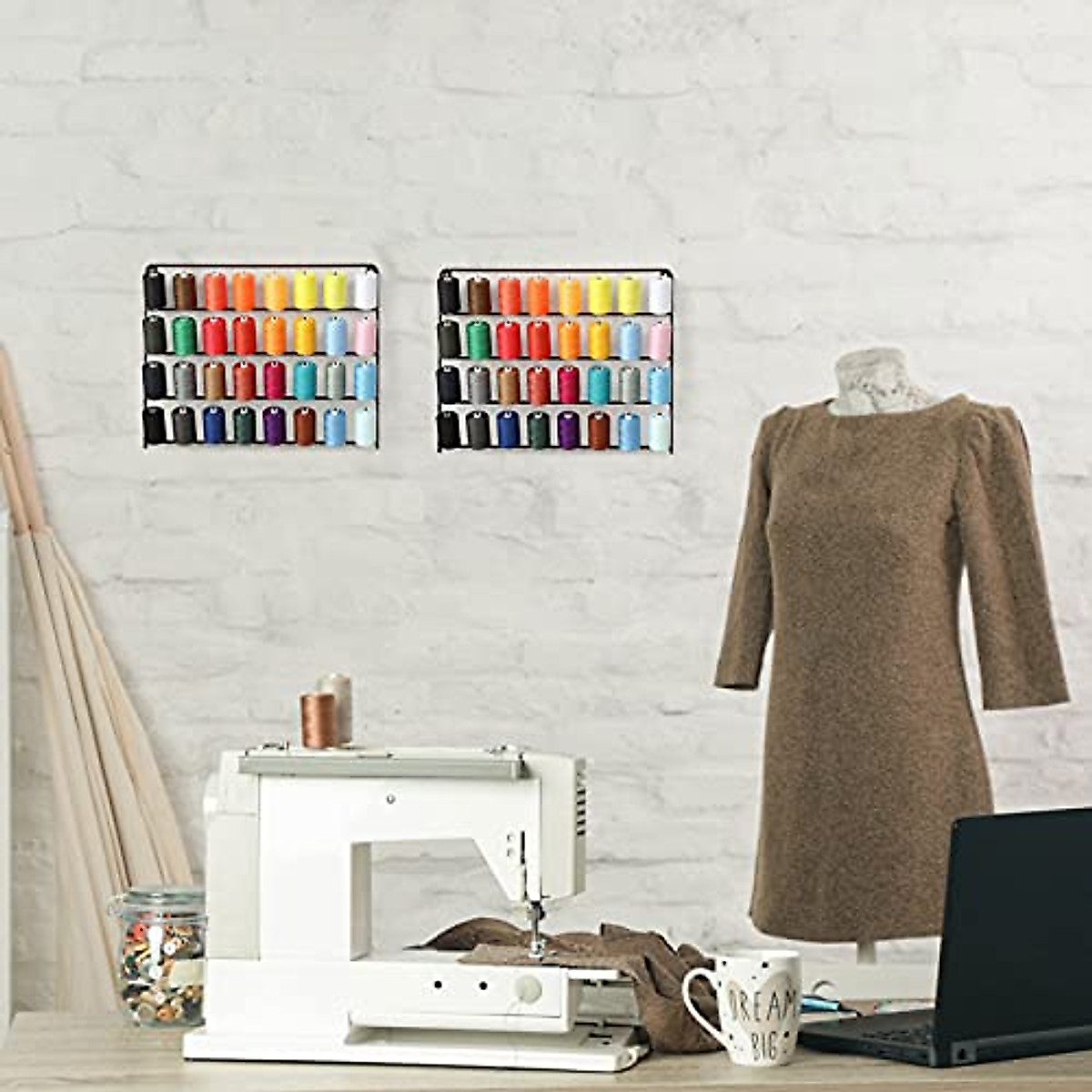 MOOACE 32 Spools Thread Rack Wall-Mounted 2 Pack, Spool Holder with Hanging Hooks, Metal Serger Thread Storage for Sewing Craft Room, Embroidery Thread,