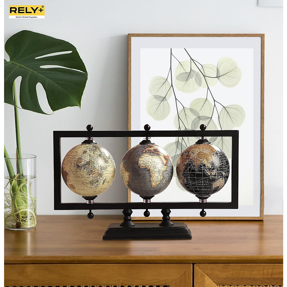 Rely+ Set of 3 4'' Earth Globe for Desk Office Decor World Globe Sturdy Metal Stand (NOT PLASTIC!) - Rotating Desktop Globe For Geographic Home Table Gift for adult Book Shelf World Landscape