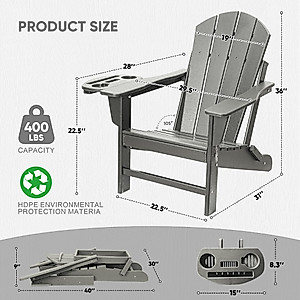 FOOWIN HDPE Folding Adirondack Chair All-Weather Resistant Adirondack Chair w/4 in 1 Cup Holder Trays, Adirondack Chairs for Outdoor, Patio, Lawn, Garden, Backyard Deck