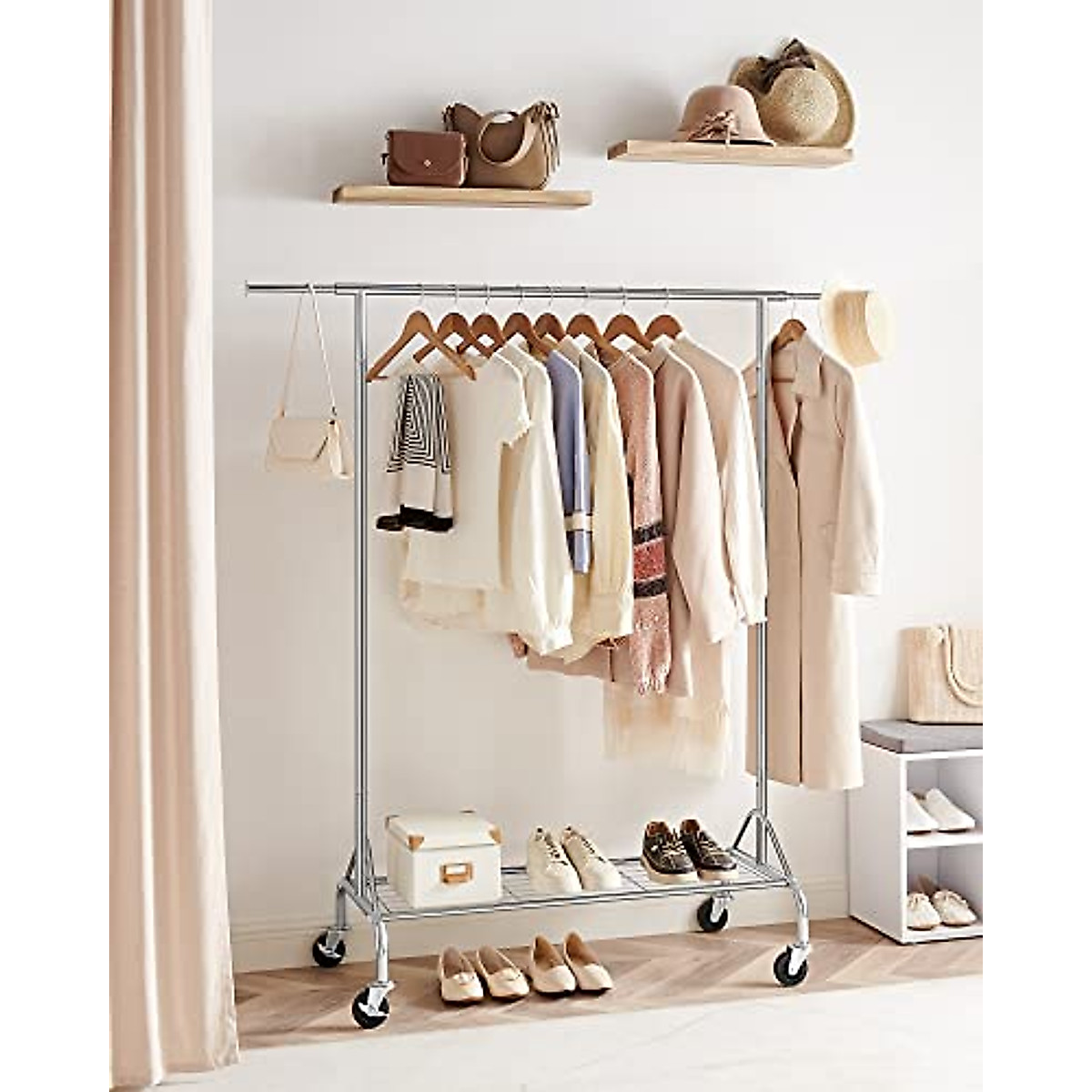 SONGMICS Heavy Duty Metal Clothes Rail with Shoes Shelf, Maximum Load of 50 kg, one Rod, Silver