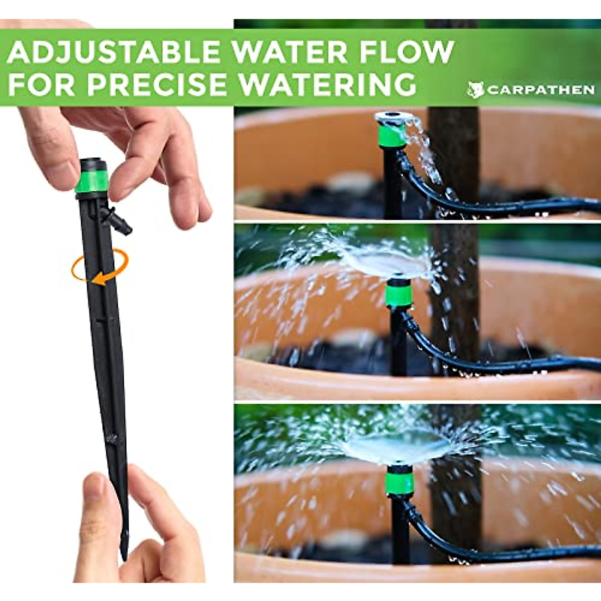 CARPATHEN Irrigation System - Adjustable Premium Drip Irrigation for Small Garden, Potted Plants, Hanging Baskets, Raised Garden Beds, Containers - Complete with Drip Emitters, Tubing and Connectors
