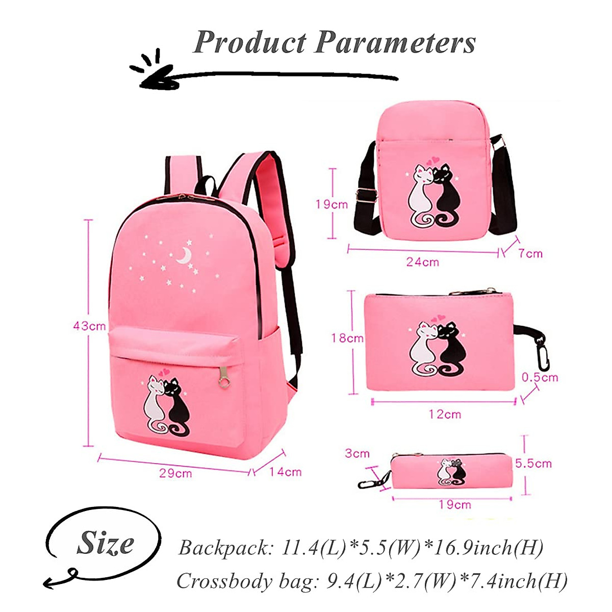 4Pcs Cute Cat Prints Canvas Primary School Bag Rucksack Backpack Set for Girls Elementary Bookbag