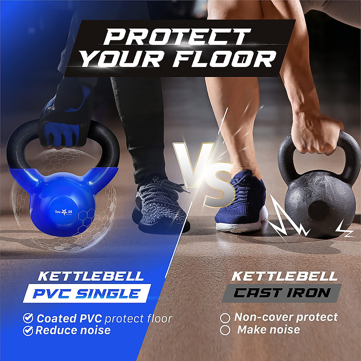 Yes4All 50 lb Kettlebell Weight Vinyl Coated Cast Iron for Dumbbell Weights Exercises, Gym, Fitness, Full Body Workout Equipment Push up, Grip and Strength Training, Blue