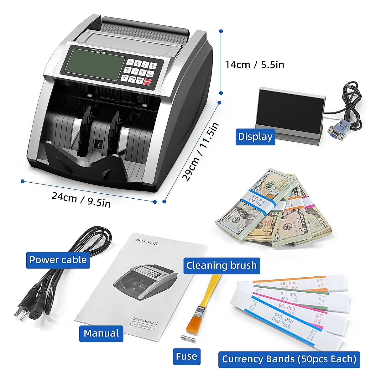 Money Counter Machine PONNOR with Value Count, Dollar, Euro with UV/MG/IR/DD/DBL/HLF/CHN Counterfeit Detection, Bill Cash Counting, Large LCD Display
