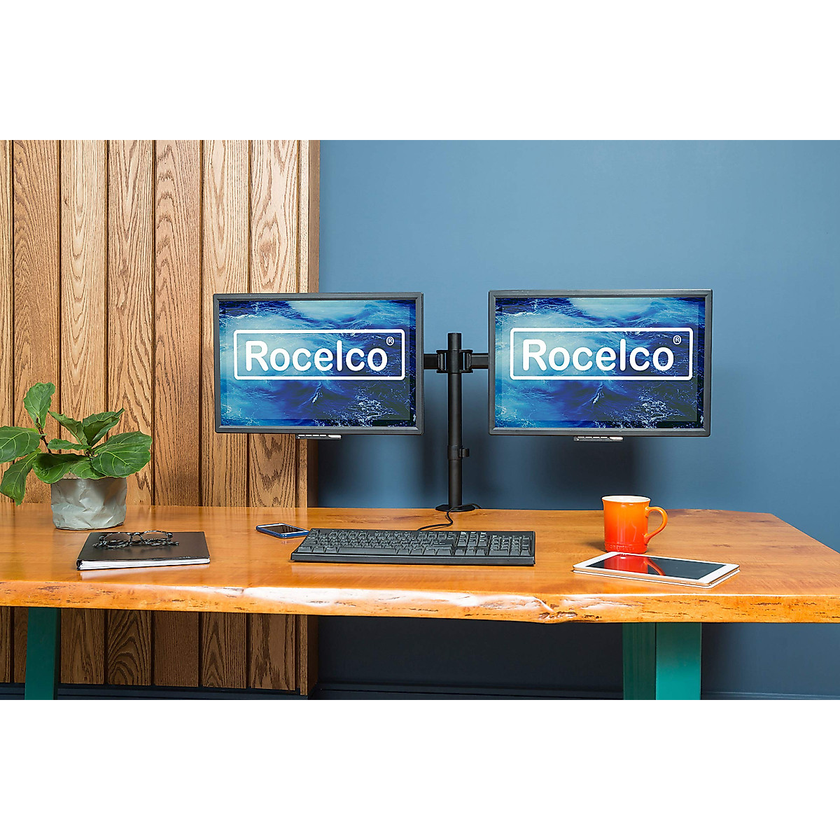 Rocelco Premium Desk Computer Monitor Mount - Standard Pattern Fits 13" - 27" LED LCD Dual Flat Screen - Double Articulated Full Motion Adjustable Arm - Grommet and C Clamp - Black (R DM2)