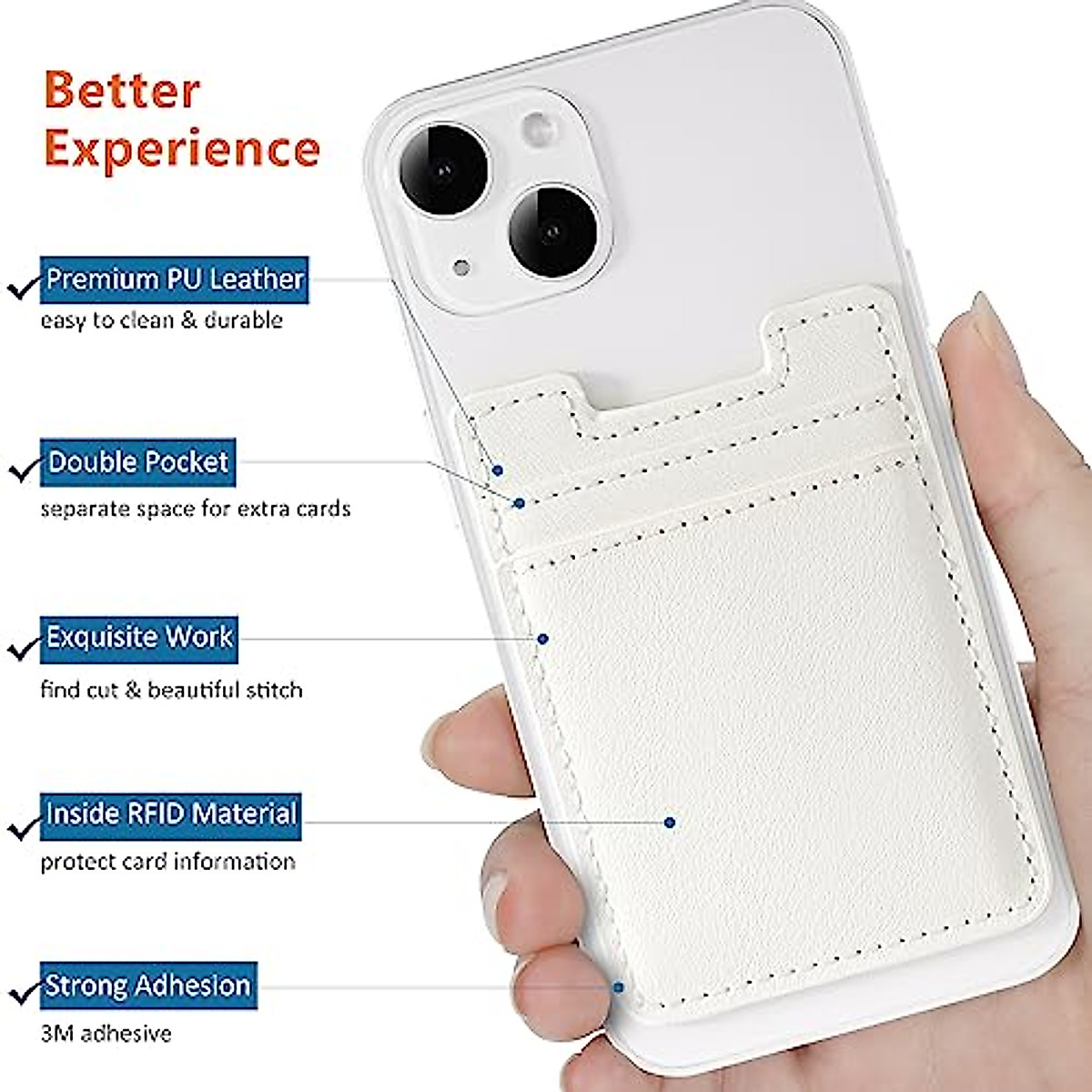 Fulgamo 2Pack Phone Wallet,Leather Phone Card Holder Adhesive Stick On Credit Card Pocket for Back of Phone Case iPhone and Android-White,Grey