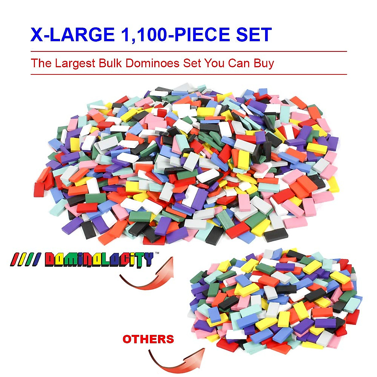 Dominolocity 1,100 Piece Wooden Dominoes Set - Colored Bulk Racing and Rally Building Blocks Kit, Colorful Wood Plain Blank Tiles Design for Stacking, Toppling, and Tumbling Races