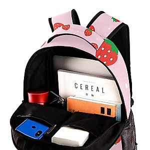 JAVENPROEQT School Backpack For Girls Boys, Kawaii Strawberry Pink Patterns Casual Bookbag With Water Bottle Pocket
