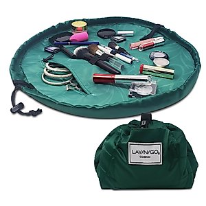 Lay-n-Go Cosmo Drawstring Cosmetic & Makeup Bag Organizer - Portable Drawstring Makeup Bag w/Zipper Pocket, Makeup Loops & More - Durable, Machine Washable Makeup Bag for Travel (20”, Evergreen)