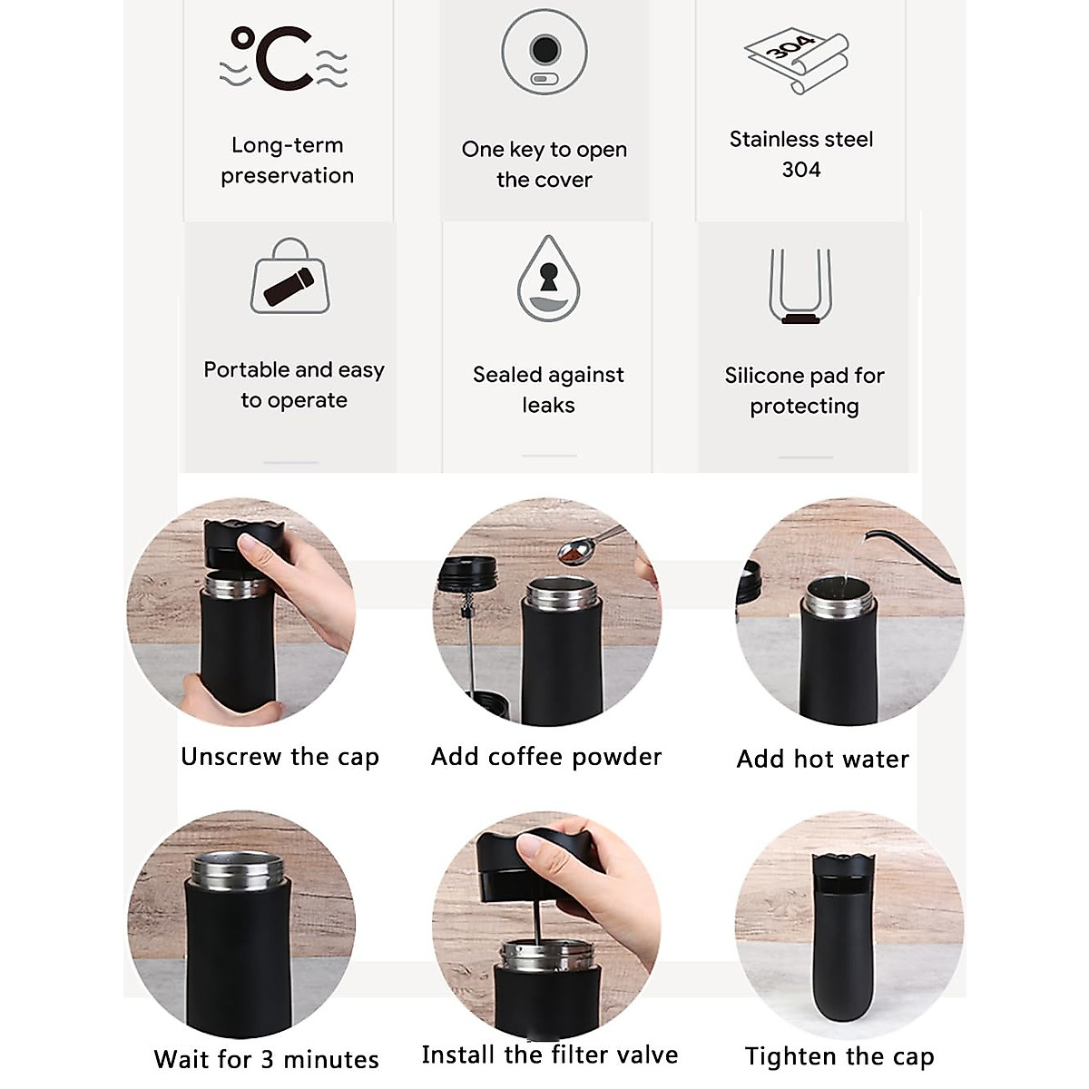 Portable French Press Travel Coffee Maker, Double Walled Stainless Steel Vacuum Insulated Coffee Maker and Tea Maker,12 Ounce, Mini Vacuum Mug Filter Coffee Cup for Travel (Black)